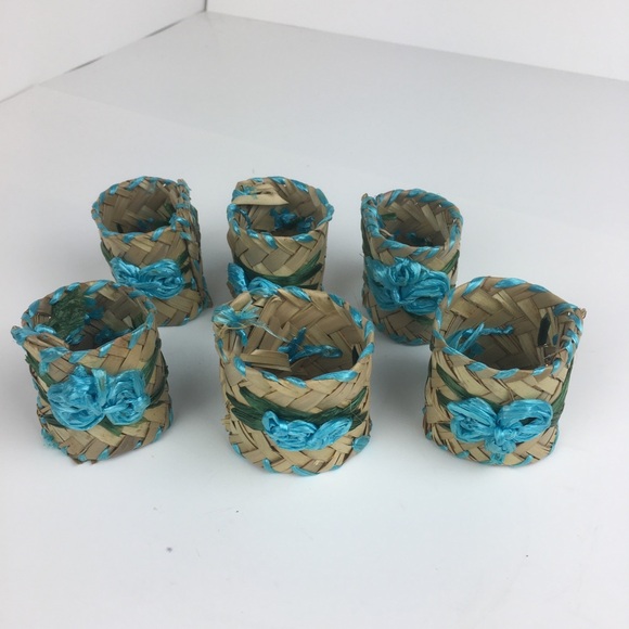 Dining | Vintage Woven Straw Napkin Rings Blue Raffia Flowers Boho ...